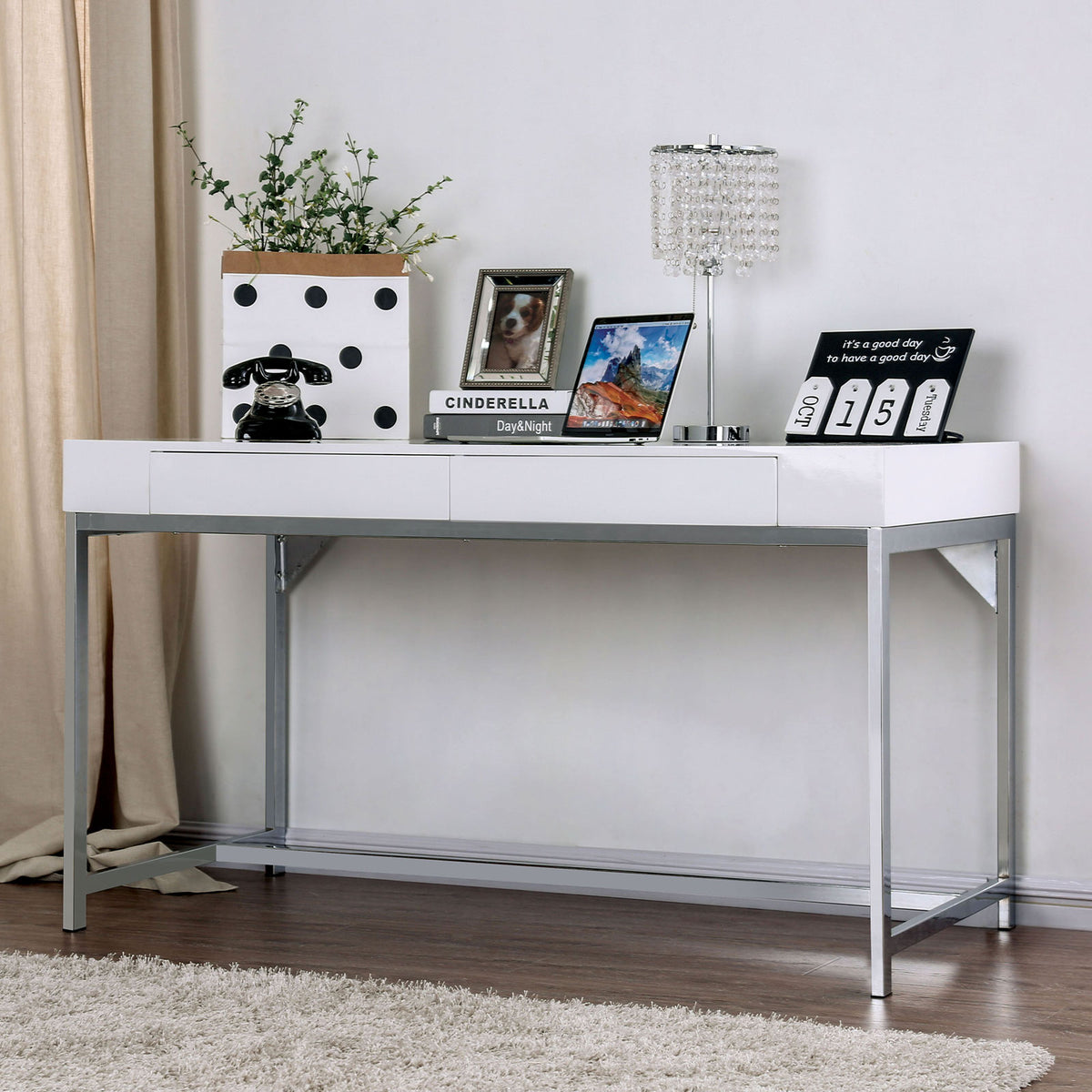Loke White/Chrome Computer Desk | One Stop Furniture